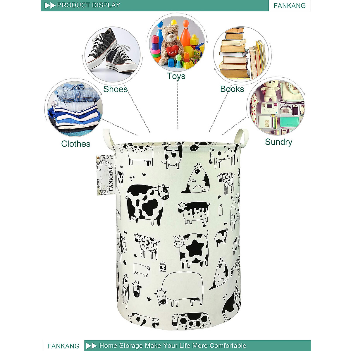 FANKANG Storage Basket, Nursery Hamper Canvas Laundry Basket Foldable with Waterproof PE Coating Large Storage Baskets for Kids Boys and Girls, Office, Bedroom, Clothes,Toys（Cows）