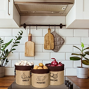 Wowangce 3 Pcs Onion Bags with Drawstring Sustainable Potato Bags with Blackout Lining Storage Farmhouse Kitchen Potato Sacks Food Potato Onion Garlic Storage Container for Pantry (Classic,Barncloth)