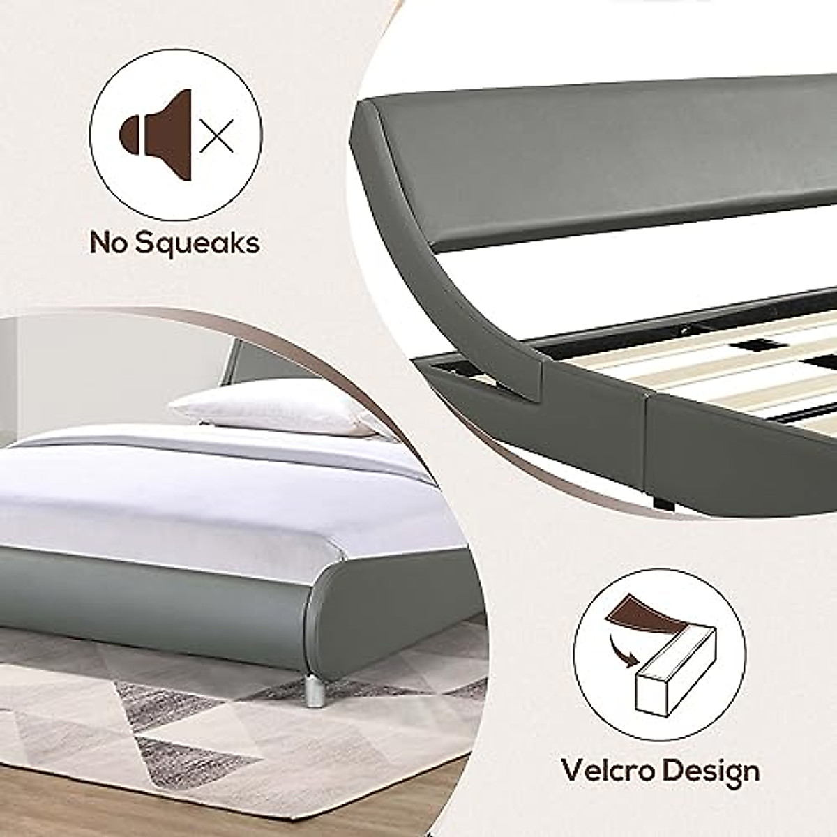 Queen Size Leather Upholstered Platform Bed Frame with Comfortable Headboard and Footboard, Modern Curve Design Platform Bed with Sturdy Bed Frame/Wood Slats Support/Easy Assemble for Bedroom (Grey)