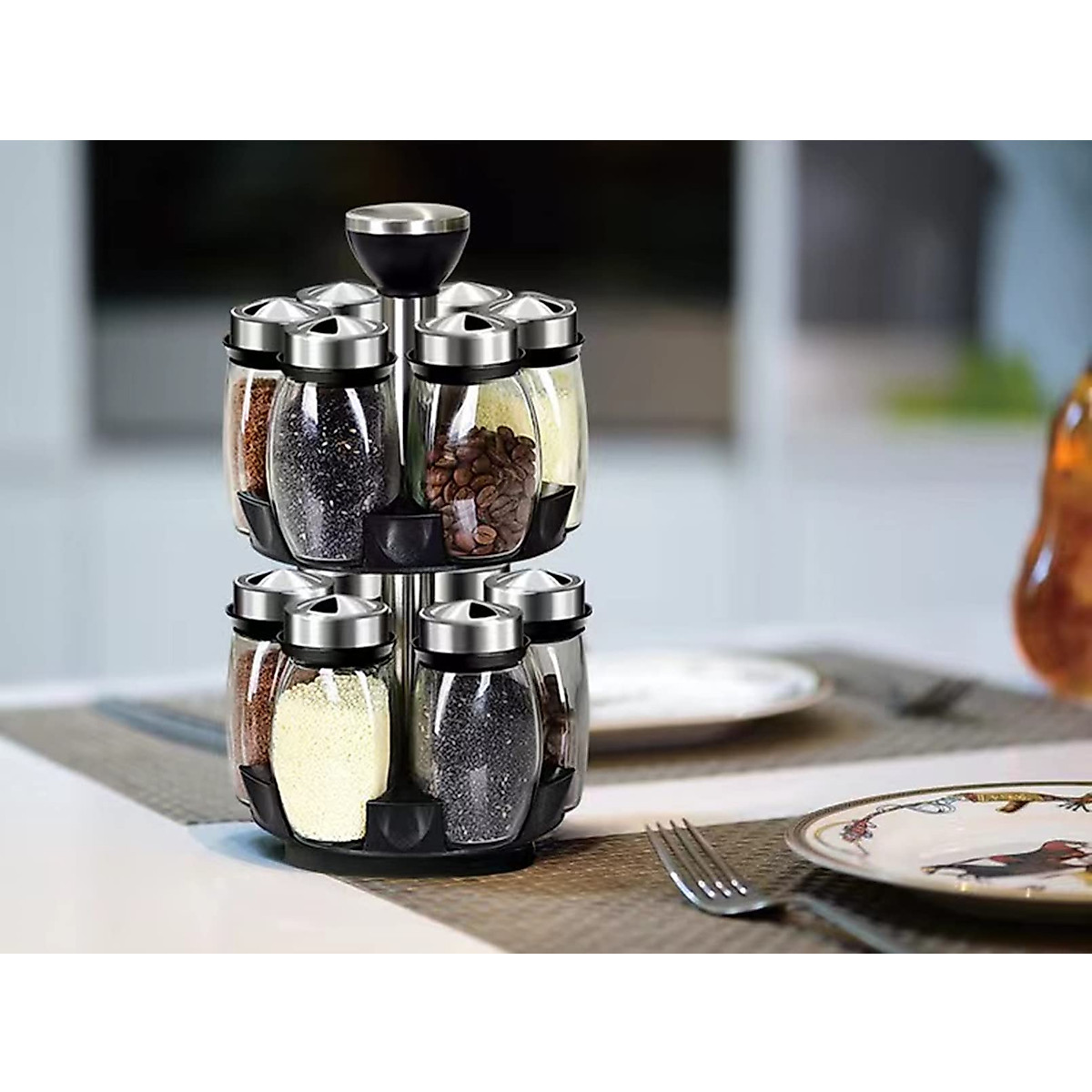 Revolving Spice Rack Organizer Storage for kitchen, Spice Stand Holder, Spinning Countertop Herb and Spice Rack Organizer with 12 Glass Jar Bottles Set