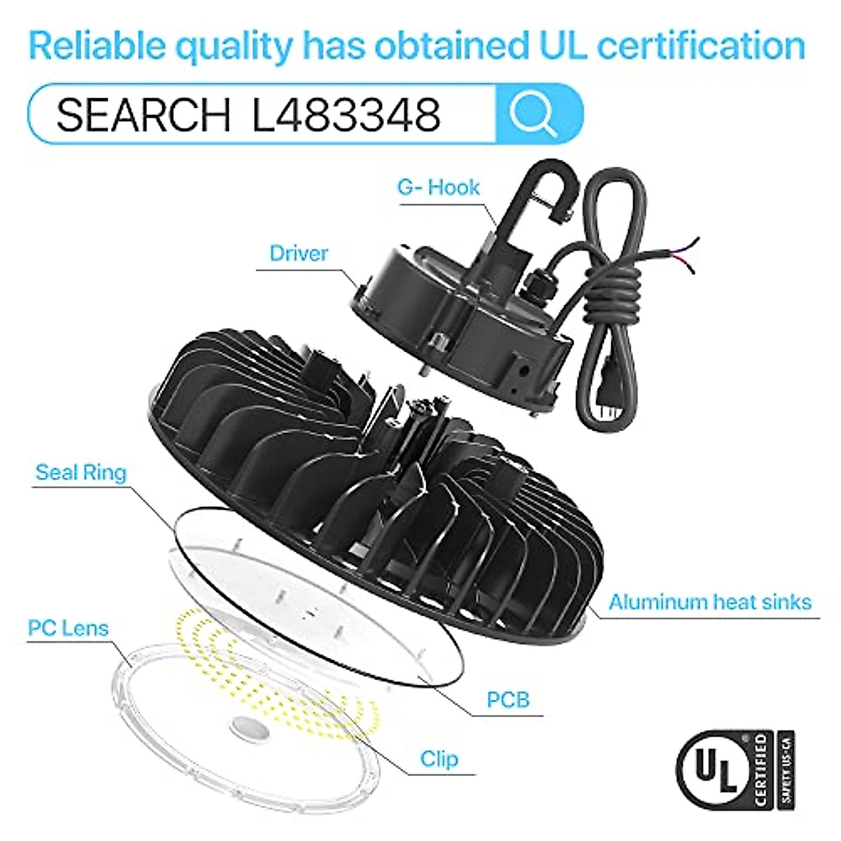 HYPERLITE High Bay LED Lights 150W 21,000LM (140LM/W) 1-10V Dimmable, UL Listed 4000K UFO Led High Bay Light for Shop Barn Garage, Alternative to 600W MH/HPS, 5-Year Warranty