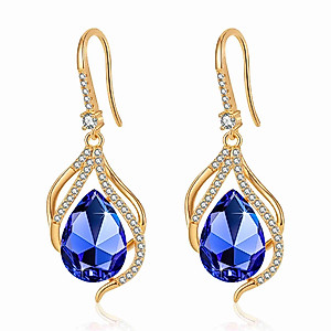 Austrian Crystal Hollow Teardrop Halo Drop Dangle Earrings for Women 14K Rose Gold Plated Hypoallergenic Jewelry (Bermuda Blue)