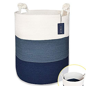 COMSE Extra Large Blanket Basket, High Storage Basket, Tall Rope Laundry Basket, 15.7”x 21.7”, Cotton Rope Basket, XXXL Laundry Basket, Toy Basket, Clothes Baskets,White/Cadet Blue/Navy Blue