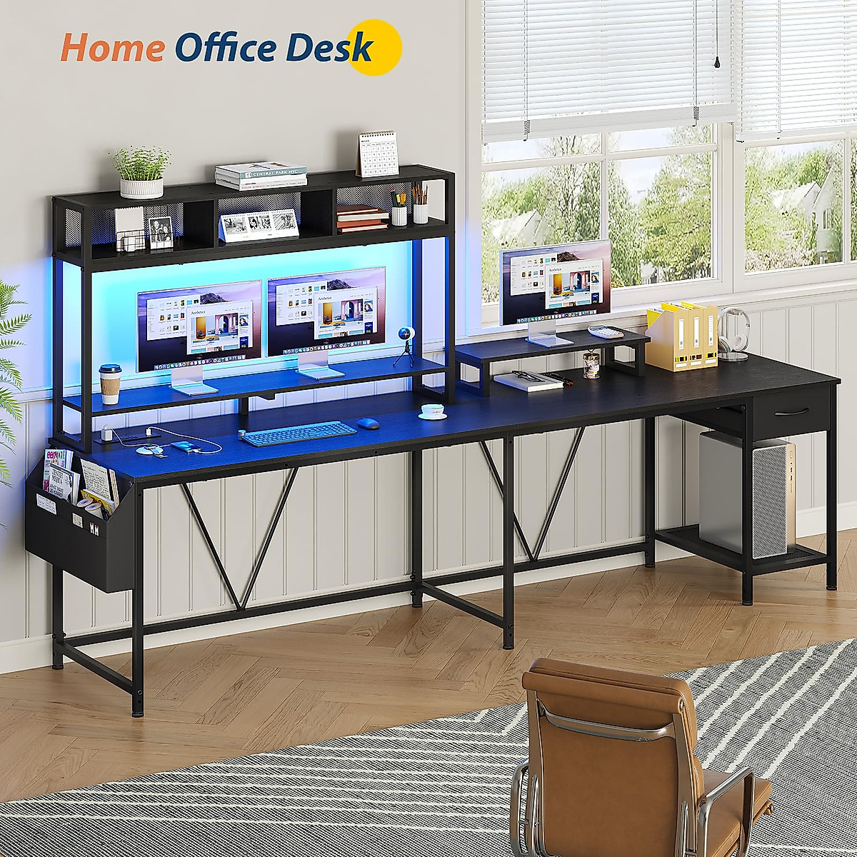 UPOSOJA L Shaped Gaming Desk with Shelves, Reversible 66.9" Corner Computer Desk with Power Outlet and Led Strip, Home Office Desks with Drawer Mobile Monitor Stand Storage Bag(Black)