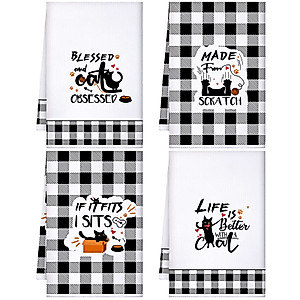 4 Pcs Black Cat Kitchen Towels Funny Dish Towel Decorative Cat Hand Towels Cute Cat Tea Towels Housewarming Gifts for Cat Lover Cat Kitchen Decor