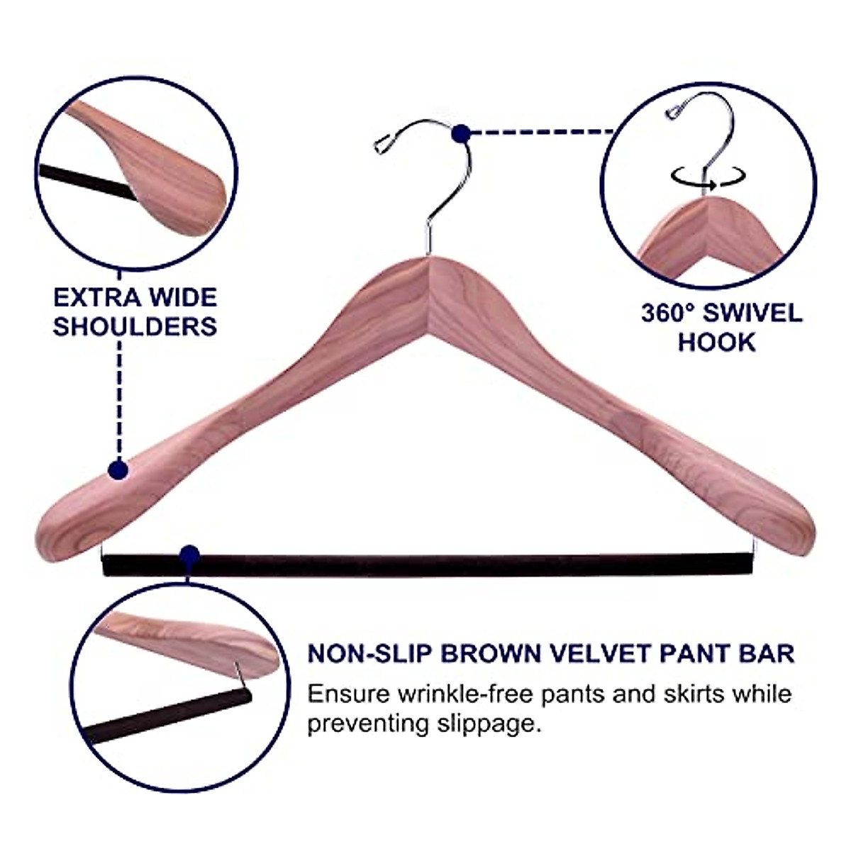 Amber Home 5 Pack American Red Cedar Wood Coat, Suit Hangers with Extra Wide Shoulder, Wooden Jacket Clothes Hanger Smooth Deluxe Aromatic Natural Cedar with Non Slip Velvet Pant Bar