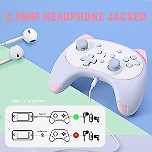 IINE Cute Switch Controller, Bluetooth Cartoon Kitten Nintendo Switch Controllers Wireless, Kawaii Light Switch Gaming PC Controller with TURBO/Double Vibration Function