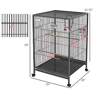 Pawhut Metal Bird Cage with Stand for Parrots, Lovebirds, Finches, Large Bird Cage with Swing, Stainless Steel Bowls, Removable Tray for Small Birds, Gray