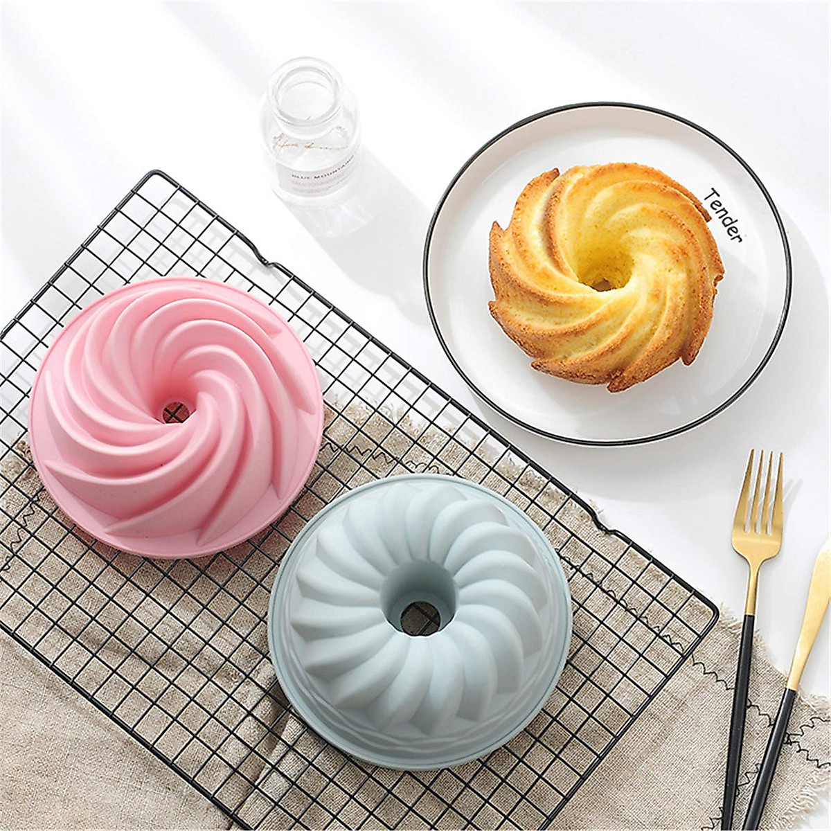 BesoAbrazo 6 Inch Bundt Cake Pan Nonstick Silicone Jello Fluted for Baking, Perfect Result Mini Mold Bundle, Set of 2, Blue