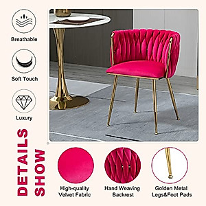 NIOIIKIT Modern Velvet Dining Chairs Set of 2 Hand Weaving Accent Upholstered Side Chair with Golden Metal Legs for Dining Room Kitchen Vanity Living Room (Rosered)