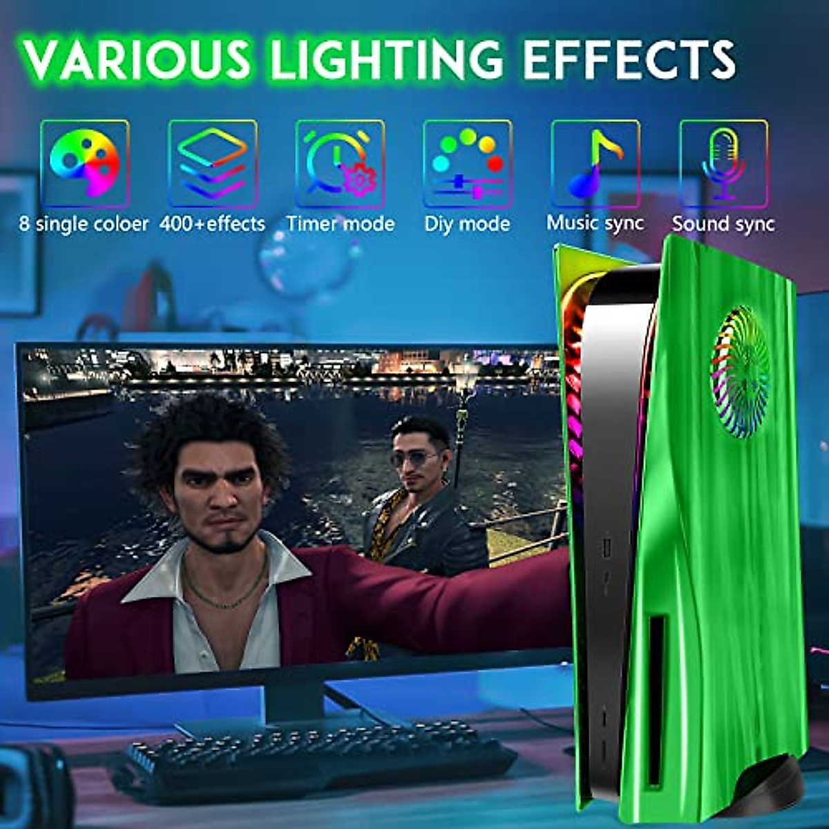 SIKEMAY PS5 Accessories Playstation 5 Plates with RGB LED Light Strip, Console Cover Face Plates Side Shell with Cooling Vents, PS5 Lights 8 Color 400+Effects Kit, Custom Dust Skin - Plating Green