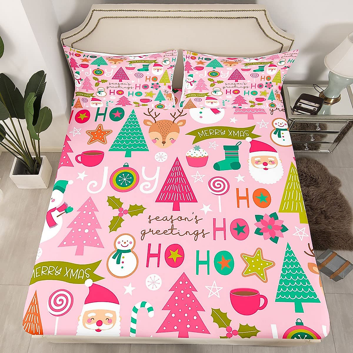 Erosebridal Pink Christmas Bed Sheets, Cartoon Santa Claus Sheet Set Full for Kids Boys Girls Women Bedroom, Snowman Pine Fitted Sheet + Christmas Tree Cute Deer Top Sheet + 2 Xmas Decor Pillow Cases