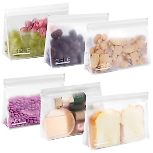 SPLF 6 Pack Dishwasher Safe Reusable Sandwich Bags, Quart freezer bags, Reusable Food Storage Bags, BPA FREE Stand Up Extra Thick Leakproof Silicone Free Zipper Snack Lunch Freezer Bags