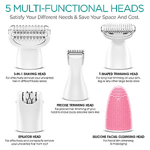 VOGOE Electric Razors for Women 5 in 1 Bikini Trimmer Rechargeable Lady Foil Shaver for Leg Underarms Face, Wet and Dry Body Hair Removal, Cordless Waterproof ES500