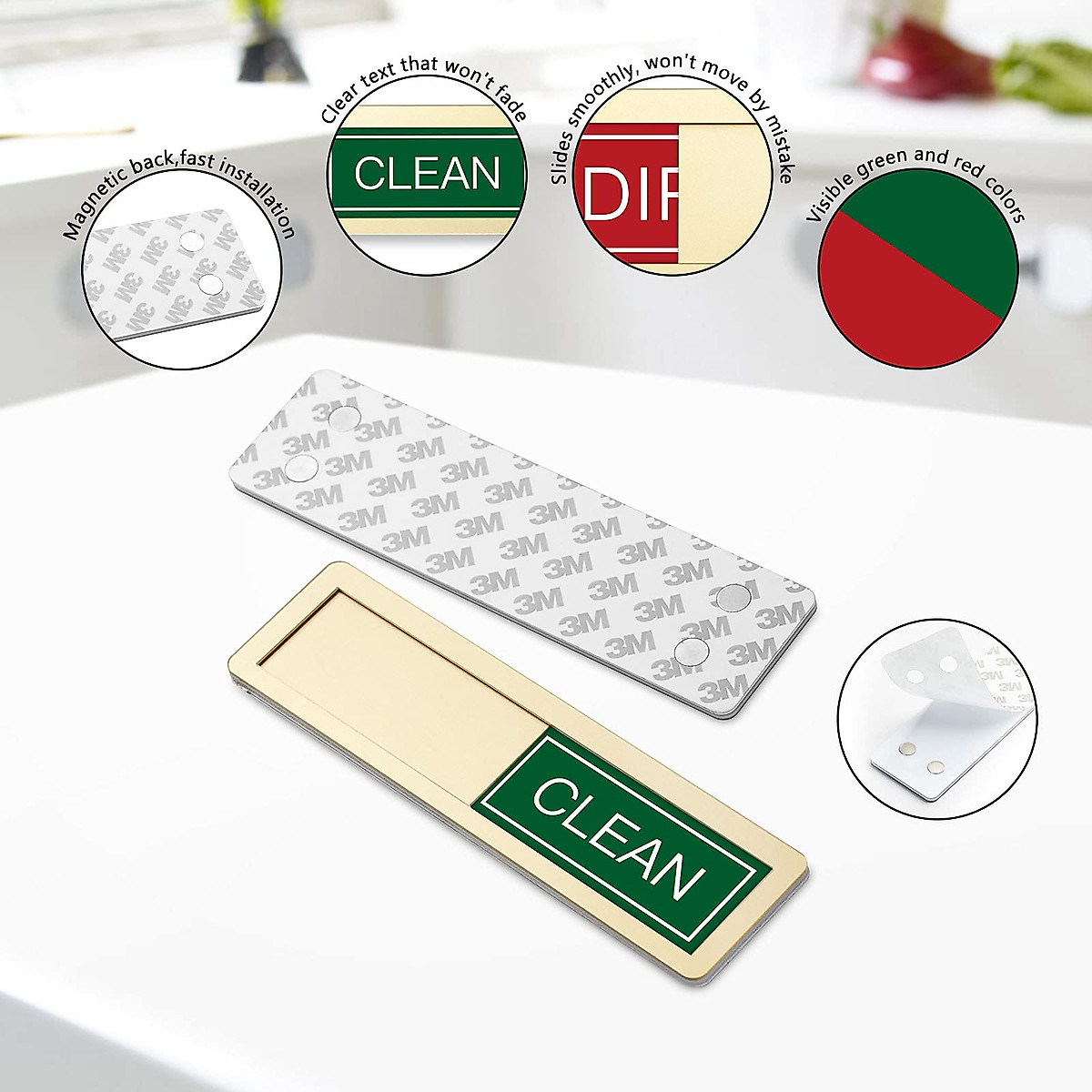 Dishwasher Magnet Clean Dirty Sign, Golden Universal Dish Washer Indicator Refrigerator Magnet, Super Strong Magnet with Back Glue for Kitchen Organization