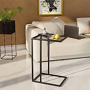 C Table Glass End Table, Couch Side Table, Tempered Glass Snack Side Table with Metal Frame, TV Tray Table for Small Space, Sofa Couch Side Tableand Bed Side Table(Black)…