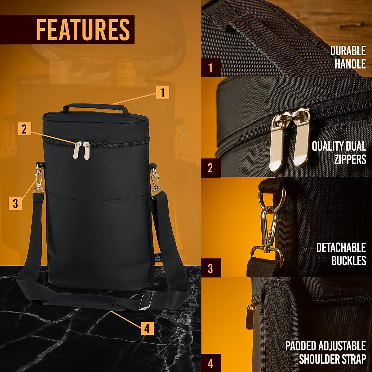 Wine Chiller Cooler Bag - Insulated Tote for 2 Bottles, Perfect Wine Accessories and Gifts, Black with Silver Buckles