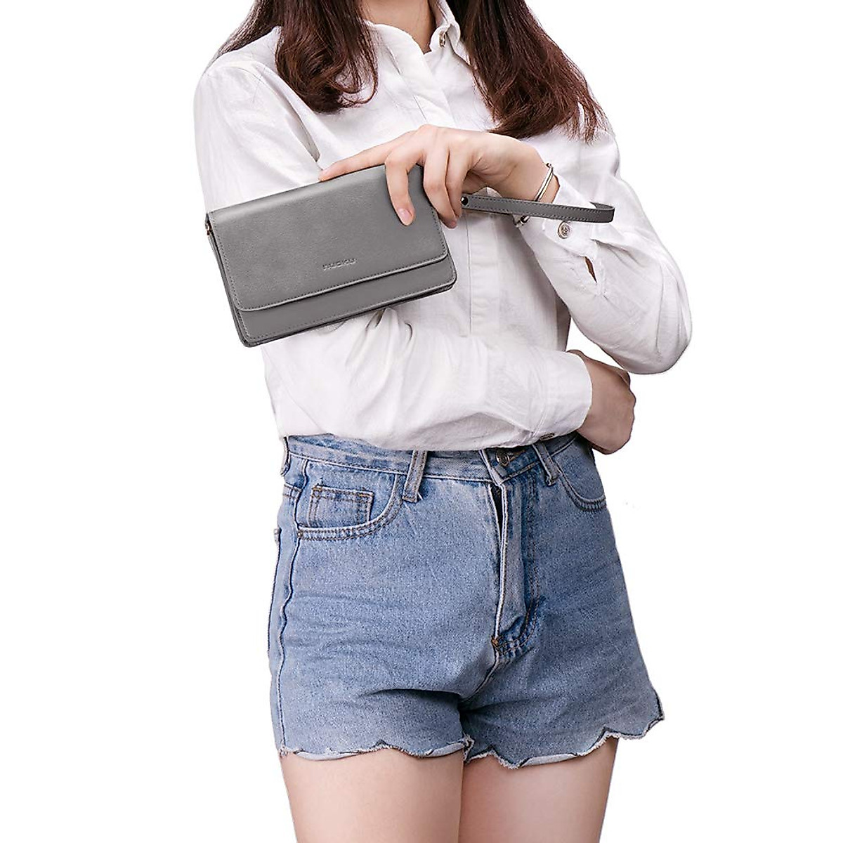 nuoku Women Small Crossbody Bag Cellphone Purse Wallet with RFID Card Slots 2 Straps Wristlet, M Size Gray