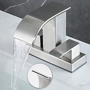 Waterfall Bathroom Sink Faucet - 2 Handle 4 Inch Centerset Faucet for Lavatory Bathroom Sink, with cUPC Faucet Supply Line Hoses for Bathroom Restroom Vanity Lavatory, Brushed Nickel