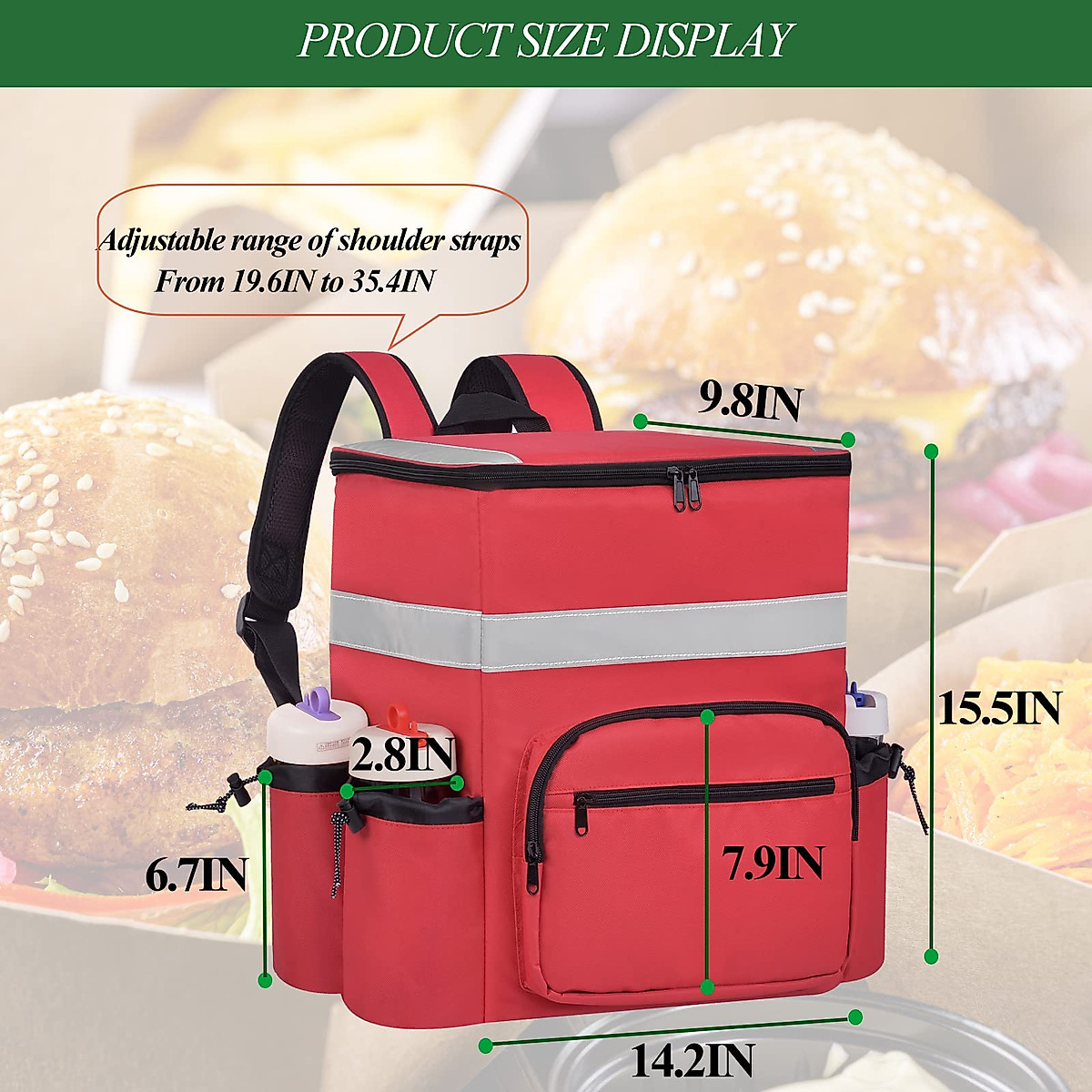 ZFZGFRCS Food Delivery Backpack Pizza Delivery Bag Insulated Delivery Bag with Cup Holders, Delivery Backpack with Support Boards for Bike Delivery, Food Delivery Bag for Carry HOT/COLD (Red)