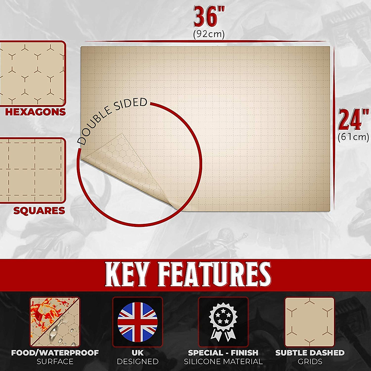 Ergon Games Silicone Battle Grid Mat for TTRPG | Parchment 2' x 3' Dungeon Master Mat. For use with Dry Erase Markers.
