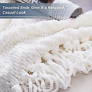 Bedsure Throw Blanket for Couch – Cream White Versatile KnitWoven Chenille Blanket for Chair – Super Soft, Warm & Decorative Blanket with Tassels for Bed, Sofa and Living Room (Ivory, 50 x 60 inches)
