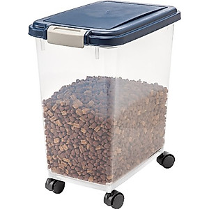IRIS USA 25 Lbs / 33 Qt WeatherPro Airtight Pet Food Storage Container with Attachable Casters, For Dog Cat Bird and Other Pet Food Storage Bin, Keep Fresh, Translucent Body, Easy Mobility, Navy