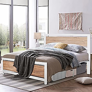Bed Frame with Industrial Wooden Headboard and Footboard Strong Metal Support Frame Noise-Free No Box Spring Needed (White, Full)