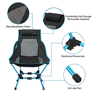 G4Free Folding Camp Chair High Back Lightweight Camping Chair with Removable Pillow, Side Pocket & Carry Bag, Compact & Heavy Duty 385lbs for Outdoor Hiking Backpacking Beach Picnic Travel Blue