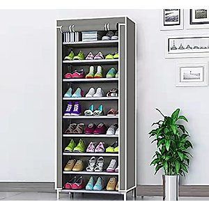 Fansdurack Shoe Rack-Shoe Rack Storage Organizer 10 Tier Shelf 9 Tier Non-Woven Compartment Portable Shoe Rack With Dustproof Cover Vertical Shoe Rack for Cloest Easy to Assembly (Grey)