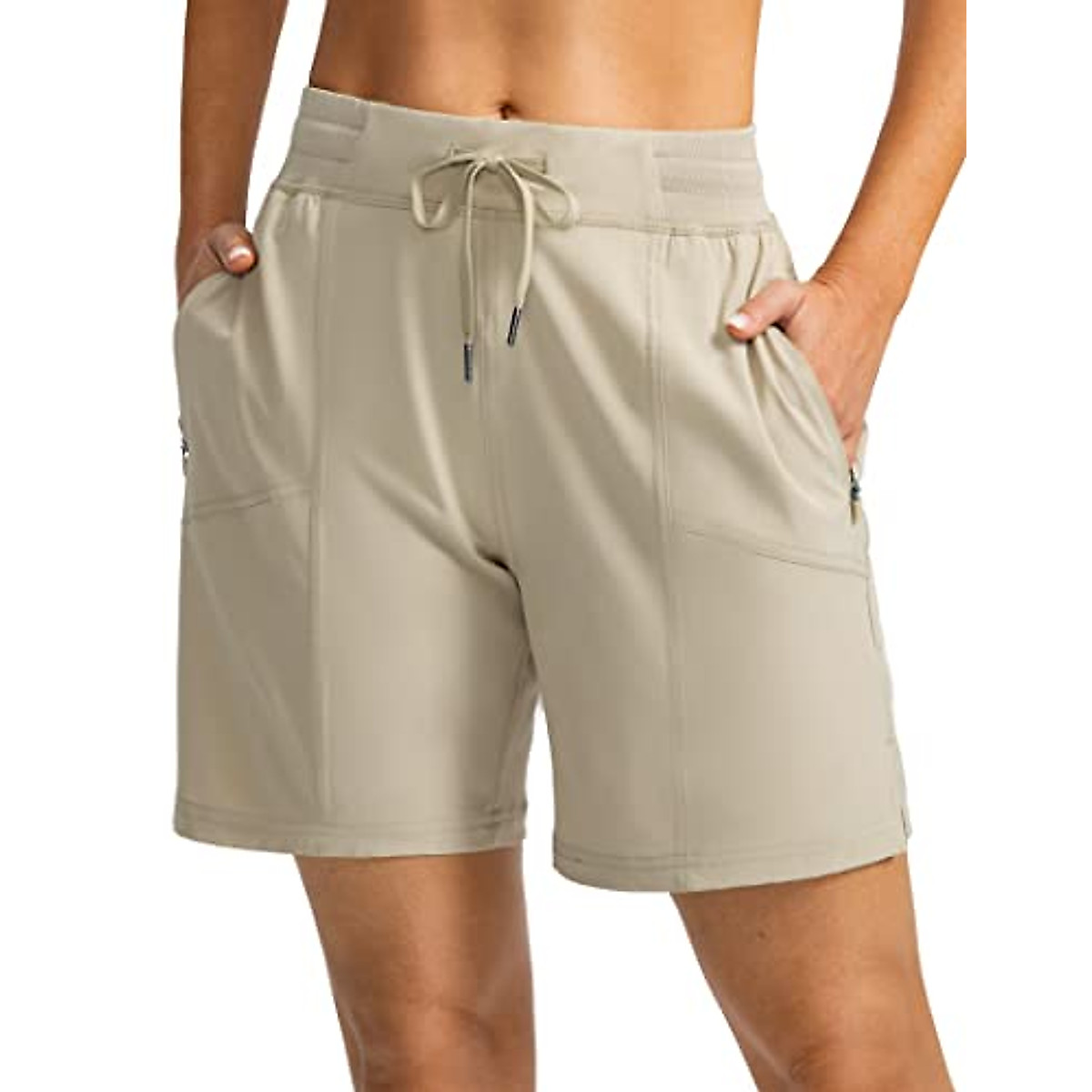Soothfeel Women's Hiking Cargo Shorts with 4 Pockets 7 Inch Long Quick Dry Athletic Golf Shorts for Women Casual Summer (Khaki, Large)