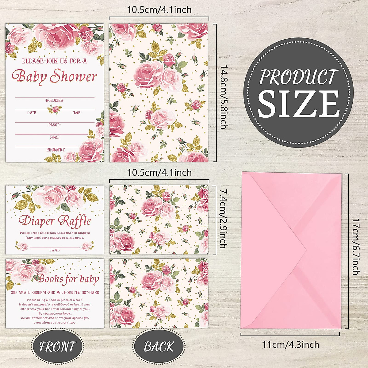 Marspark Set of 25 Pink Floral Baby Shower Invitations, Diaper Raffle Tickets and Baby Shower Invitation Cards with Envelope, Baby Shower Party Supplies for Sweet Girl