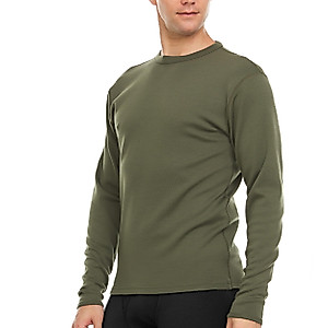 100% Merino Wool Expedition Weight Mens Crew Shirt - Heavy Weight Base Layer Top - Extreme Cold Weather Gear - Olive Drab - Large