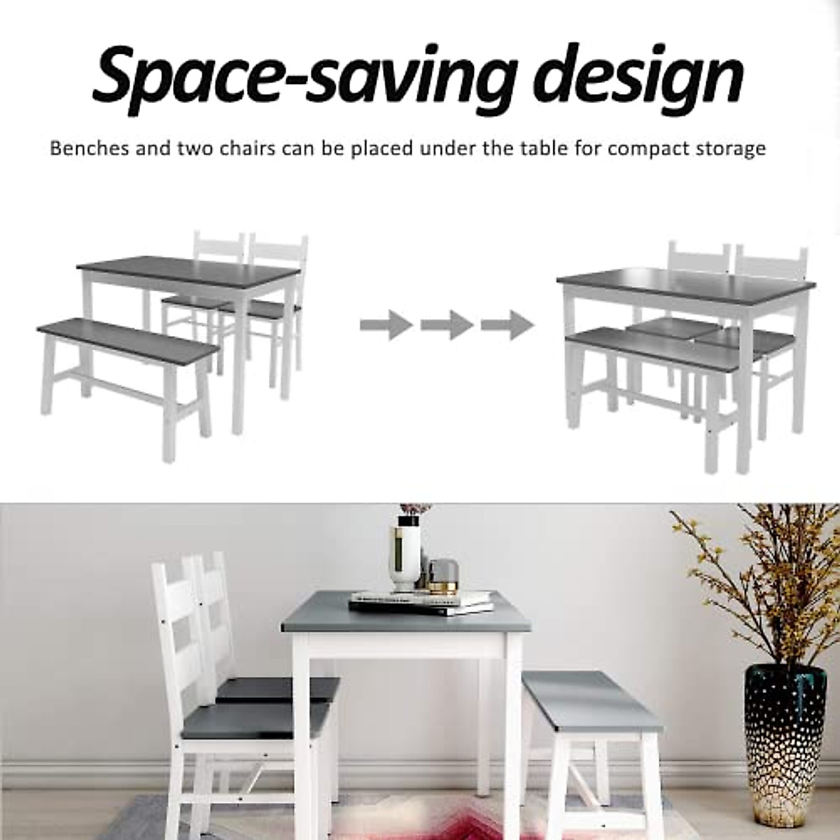 Solid Wood 4 PC Dining Table and Chair Set, Bench, Rectangular, Modern Farmhouse Dinette Table Set for Kitchen, Dining Room, Easy Assembly