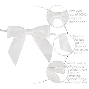 AIMUDI White Satin Ribbon Twist Tie Bows 3.5" Pretied Bows Premade Craft Bows for Treat Bags Cake Pop Gift Wrapping Basket Wedding Favors Cookie Candy Bagging Baby Shower - 50 Counts