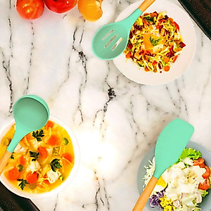 33 pieces.” Kitchen Utensils Set for cooking. Comes with 5 kitchen cleaning cloths, Utensil set with holder, spatula, so gadgets, silicone kitchen utensils wood handle.