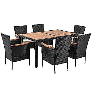 7 Pieces Outdoor Dining Set, Wicker Patio Dining Set for 6, All-Wheather Outdoor Table and Chairs with Acacia Wood Table Top and Cushions for Backyard, Garden, Poolside (Black)