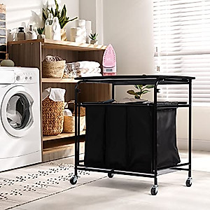 HollyHOME 3 Section Rolling Laundry Sorter Cart with Fixed Ironing Board Laundry Hamper Room Organization with 4 Wheels and Table Top Lid Removable Bags Black