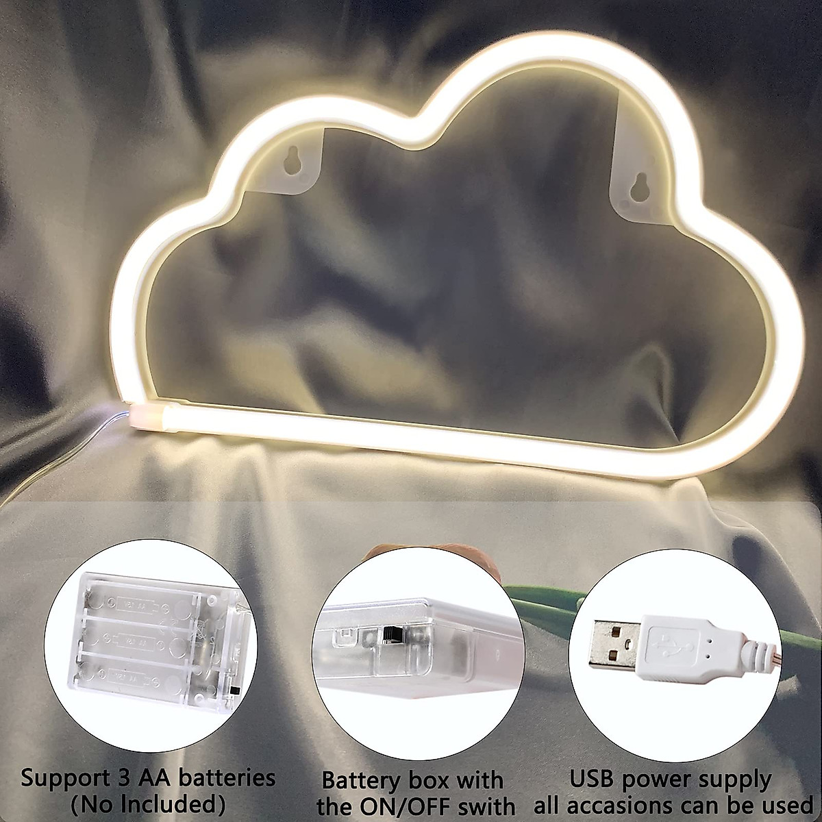 Cloud Neon Signs, LED Light for Wall Decor, Battery or USB Powered Sign Shaped Decoration Lights Bedroom Aesthetic Teen Girl Kid Room Christmas Birthday Wedding Party White