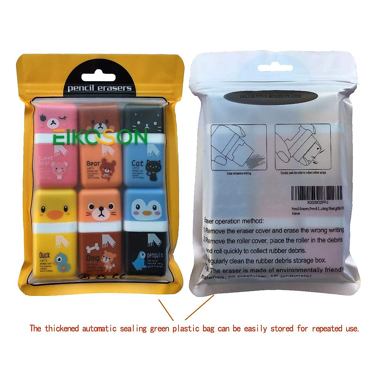 EIKOSON Erasers for Kids,6Pc Pencil Eraser Shaving Roller Case for Easy Pick Up and Removal |Kids Erasers, Cute Erasers, School Supplies for Kids,Back to School Gift