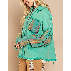 Zontroldy Denim Jean Jacket Shirt for Women Plaid Patchwork Distressed Ripped Frayed Denim Jean Jackets Shacket(0828-Green-M)