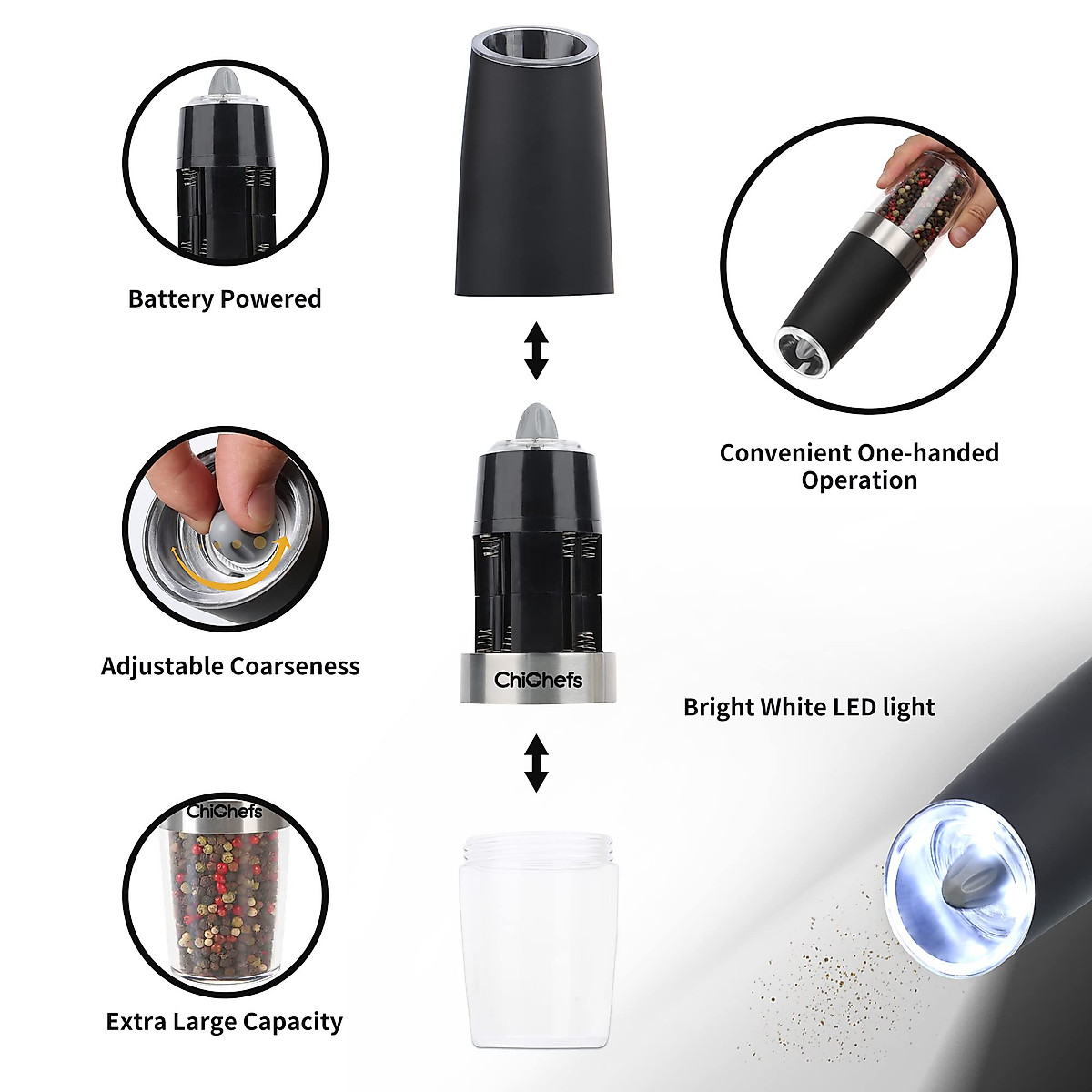 ChiChefs Gravity Electric Salt and Pepper Grinder Set, Automatic Salt and Pepper Mill Grinder, Battery Operated with White LED Light, Adjustable Coarseness, One Handed Operation, Stainless Steel