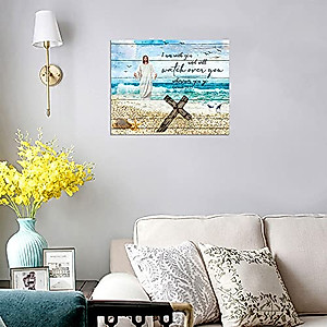 Christian Inspirational Decor Wall Art Jesus and Cross on Beach Picture Motivational Scripture Bible Verse Canvas Prints Teal and Blue Framed Artwork for Living Room Bedroom Bathroom Large 16"x12"