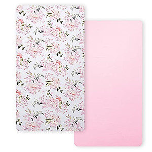 Pack N Play Sheets, 2 Pack Mini Crib Sheets Fits Standard Size 38" X 26" Playard Mattress, Soft and Stretchy, Playard Fitted Sheet, Pink Floral & Solid Pink