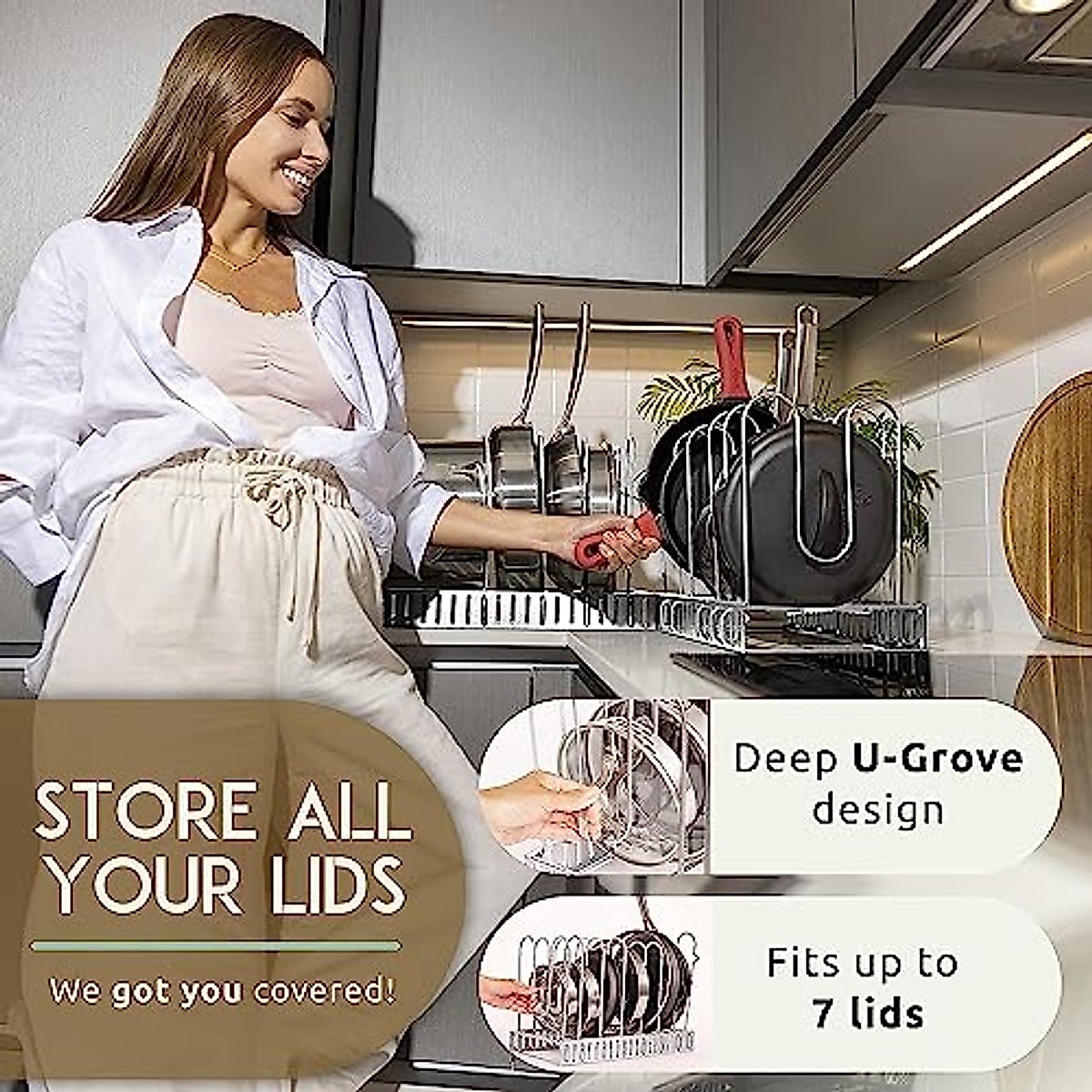 GeekDigg Pot Rack Organizer, Adjustable Height and Position Pots and Pan Rack, Kitchen Counter and Cabinet Pan Organizer Shelf Rack/Pot Lid Holder with 3 DIY Methods - Silver