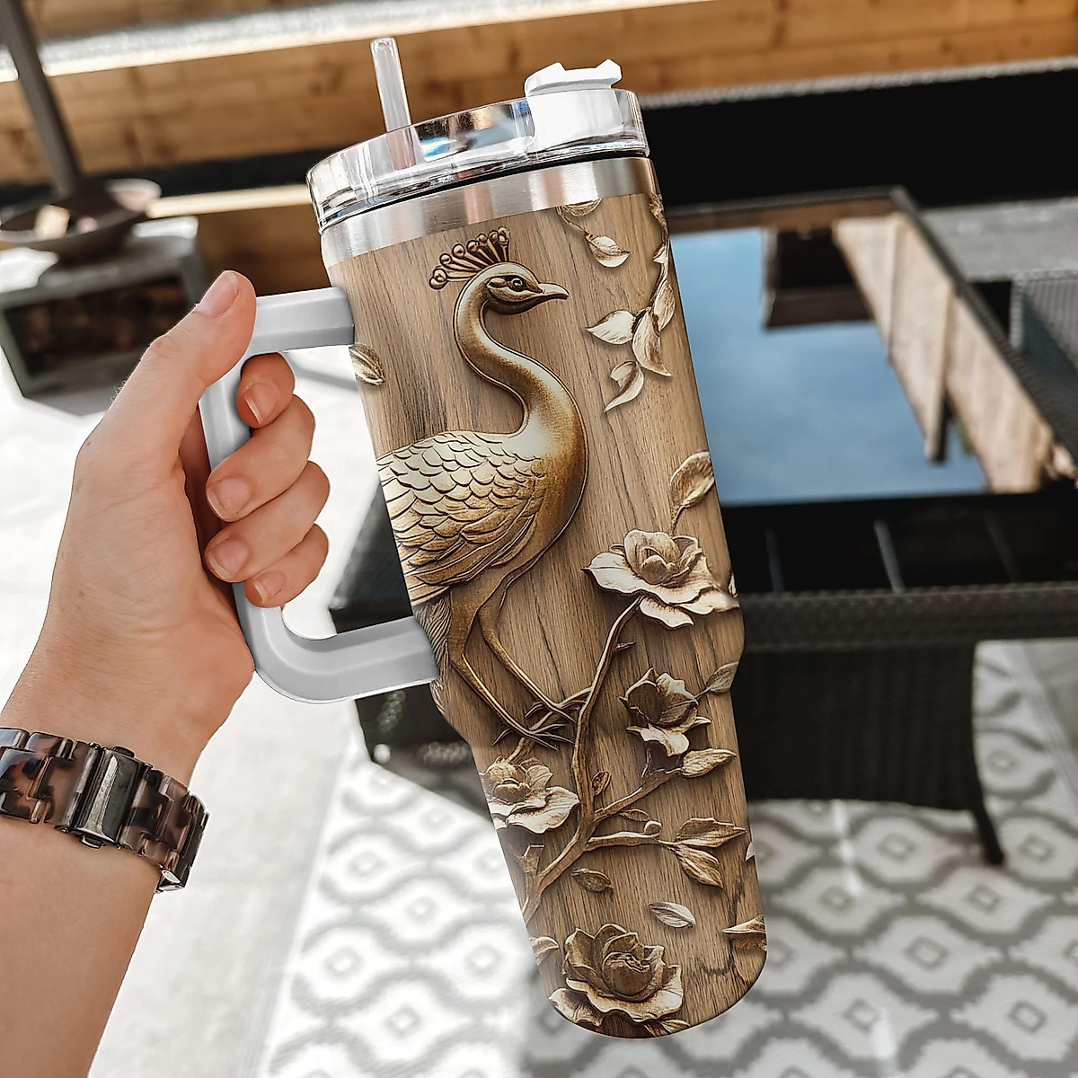 Hyturtle Personalized Unique Wooden Peacock 2D Print Tumbler - Peacock Gifts For Women - Animal Present For Lover Her - Mothers Day Present For Mom - Custom Travel Coffee Cup 40 oz With Lid And Straw