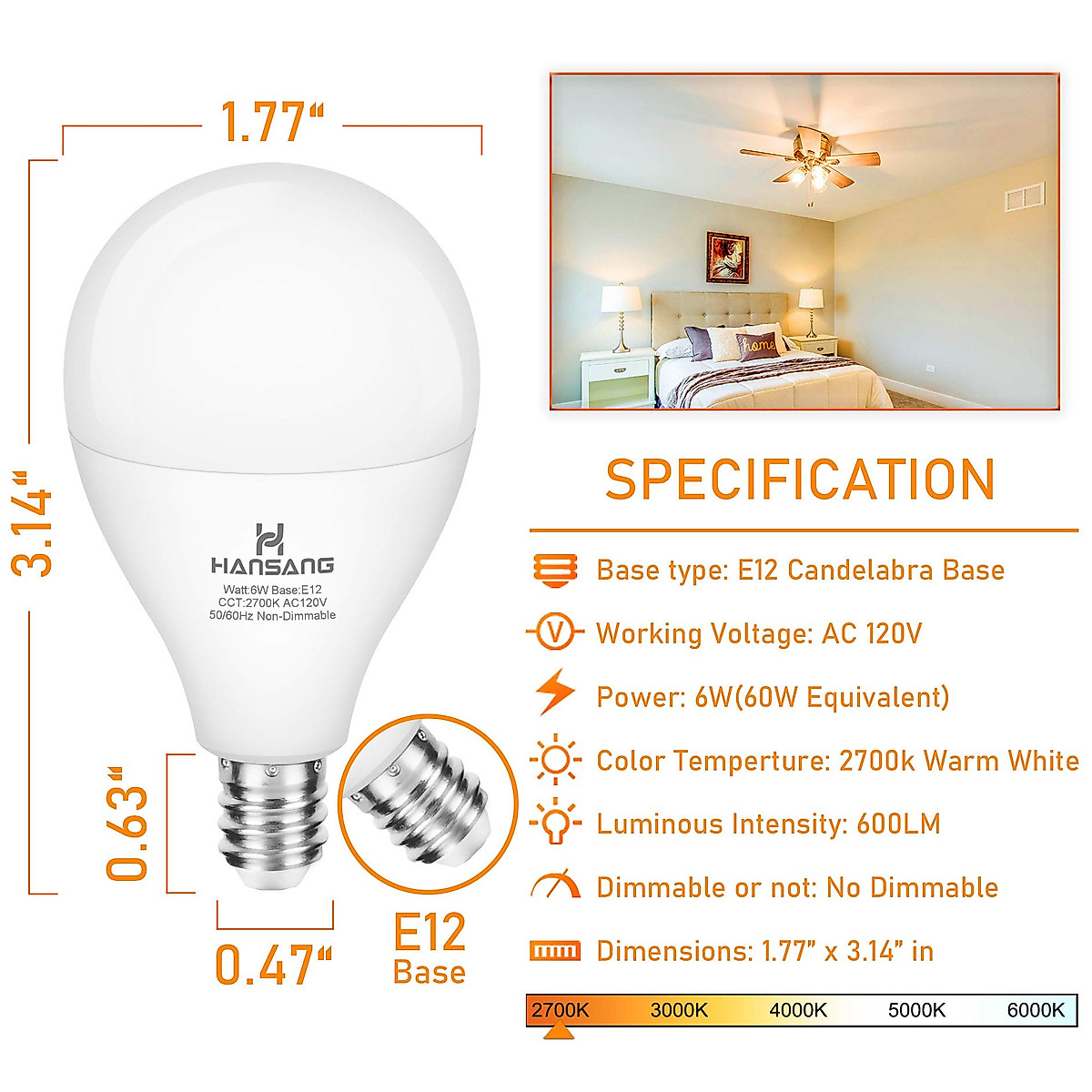 hansang E12 LED Ceiling Fan Light Bulbs 60 watt Equivalent, E12 Candelabra Base led Bulbs Warm White 2700K,A15 Small Base LED Light Bulbs for Ceiling Fan,600LM,Non-Dimmable, 8 Pack