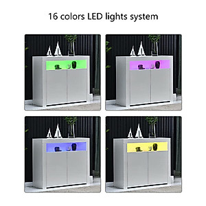 Modern High Gloss Sideboard 2 Door Storage Cabinet Open Cupboard Sleek Farmhouse Accent Side Cabinet Kitchen Buffet Cabinet with Multi-Color LED Lights and Interior Shelves Fashion Home Furniture