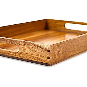 DecoVibe Acacia Wood Serving Tray with Handles - Rustic Wooden Tray for Living Room - Decorative Ottoman Wood Tray - 16" x 12" x 2" Large Food Trays for Ottomans, Coffee Table, Breakfast, Bed, Couch
