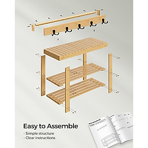 SONGMICS Hall Tree with Bench, Coat Rack Shoe Bench Set, Entryway Furniture, Multifunctional, 5 Double Metal Hooks, 3-Tier Bamboo Shoe Rack, for Entryway, Hallway, Bedroom, Natural Beige ULCR004N01